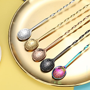 PAPABA 1 Pc Stainless Steel Mixing Spoon Anti-slip Spiral Bar Spoon Fruit Fork Long Handle Cocktail Stirrer Multicolor