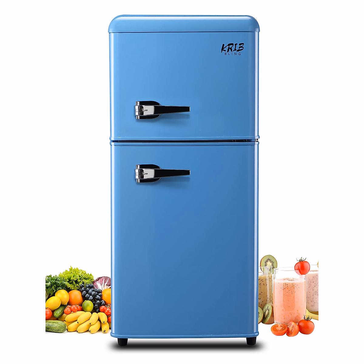 KRIB BLING 3.5 Cu.Ft Refrigerator 2 Door 7 Level Adjustable Thermostat Control Top-Freezer Refrigerator Lock Fresh Energy Saving Blue