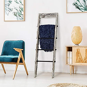 MyGift Solid Torched Wood Wall Leaning Blanket Ladder Quilt Rack, Farmhouse Bathroom Storage Towel Ladder Holder with Industrial Black Metal Pipe Rung
