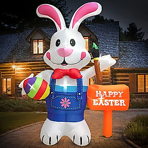 Domkom 8FT Easter Inflatable Decorations Standing Bunny Holding Egg and Paintbrush, Build-in LED Lights Holiday Blow Up Yard Decoration, for Easter Holiday Party, Outdoor,Garden, Yard Lawn Decor