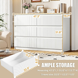 Jocoevol White Dresser 6 Drawer Dresser for Bedroom, Modern Fluted Dresser with Deep Drawers, Large Double Wooden Dresser Chest of Drawers for Living Room, Hallway, Entryway (White)