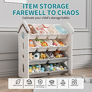 UNICOO Kids 4-Tier Toy Storage Organizer, Toy Organizer Shelf, Fun Candy House Design, Toy Shelves Organizer with 12 Bins, Toy Organizer Rack Durable and Safe HDPE Material