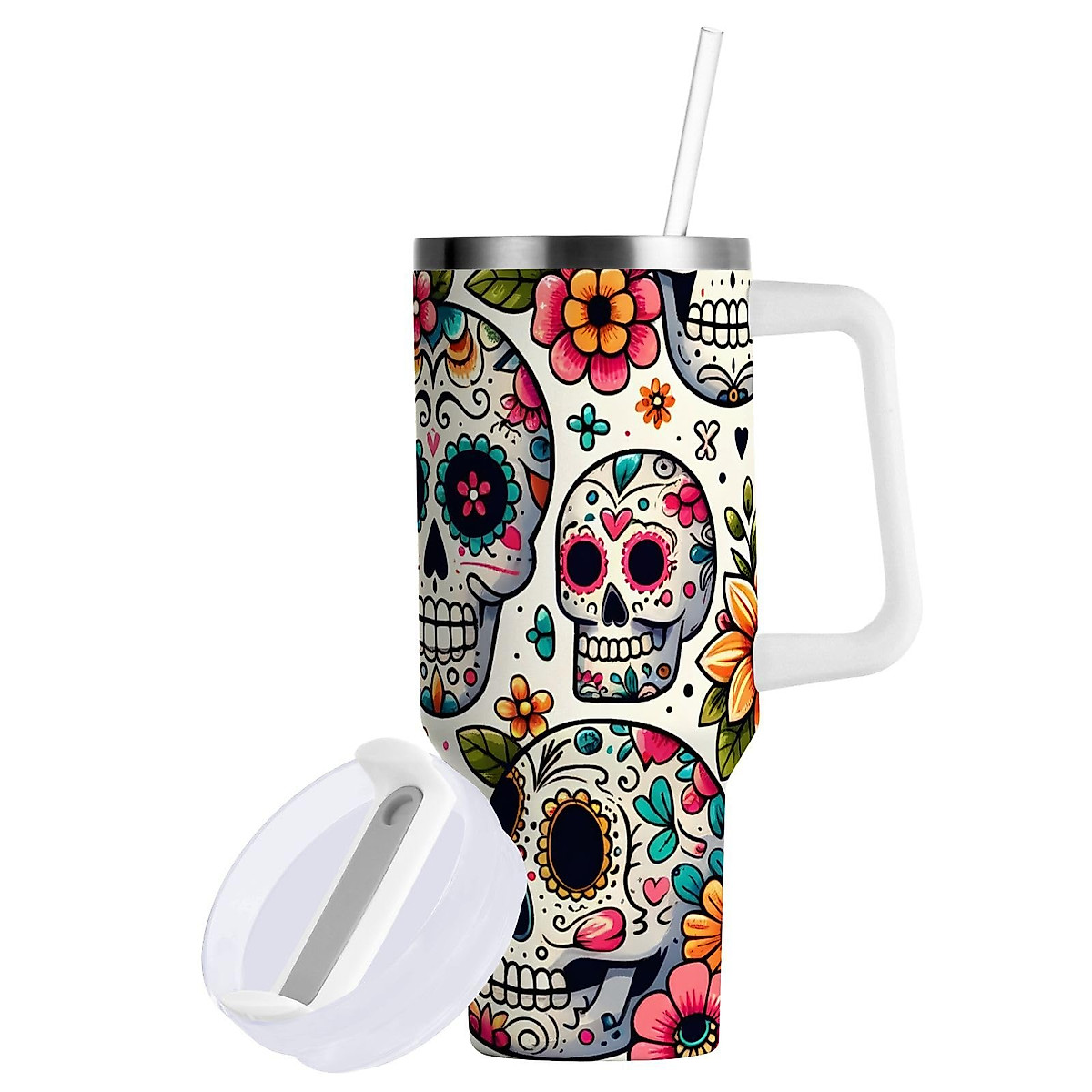 ALAZA Sugar Skull Day Of Dead Flower 40 oz Tumbler Stainless Steel Water Bottle Vacuum Insulated Cup with Straw Lid & Handle For Travel Car Cup Holder