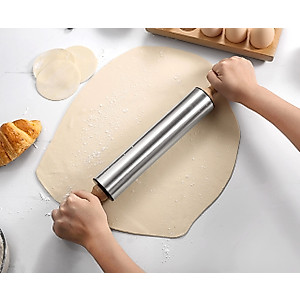 Rolling Pin with Wooden handle,9.6inch Stainless Steel Roller, rolling pins for baking,Which can be used to make Pizza, Pie Crust, Cookies, Pastry,sugar，Pasta and other dough.By Amber&Sean