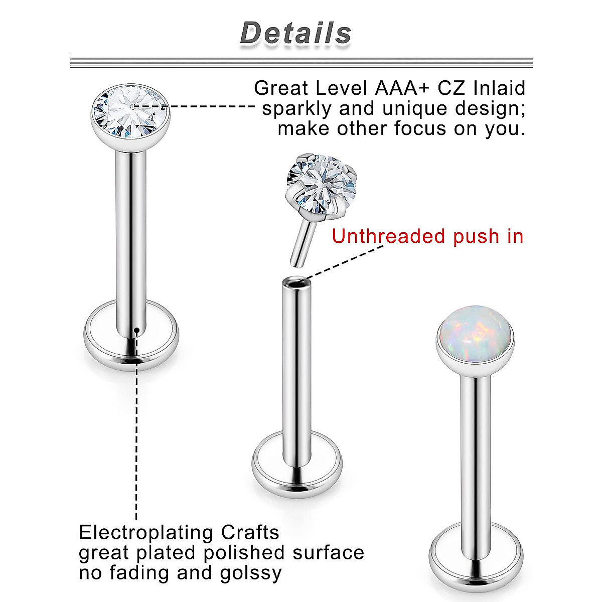 Ocptiy 18G Push in Nose Ring Stud for Women Surgical Stainless Steel Straight Threadless Nostril Lip Bone Pin Bar Cartilage Tragus Helix Earring Piercing Jewelry Men Diamond 3mm Silver