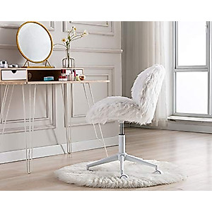 White Vanity Chair Faux Fur Swivel Desk Chair Cute Fluffy Armless Office Chair Rolling Makeup Chairs for Teens Bedroom Study Room, Height Adjustable