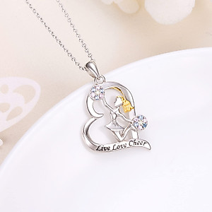 Gift for Cheering Teams, 925 Sterling Silver Engraved Live Love Cheer Up Cheerleader Girl in Heart Pendant Necklace Good Luck Gift for Women Daughter, 18 inch