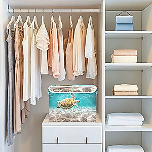 Kigai Storage Basket Underwater Sea Turtle Storage Boxes with Lids and Handle, Large Storage Cube Bin Collapsible for Shelves Closet Bedroom Living Room, 16.5x12.6x11.8 In