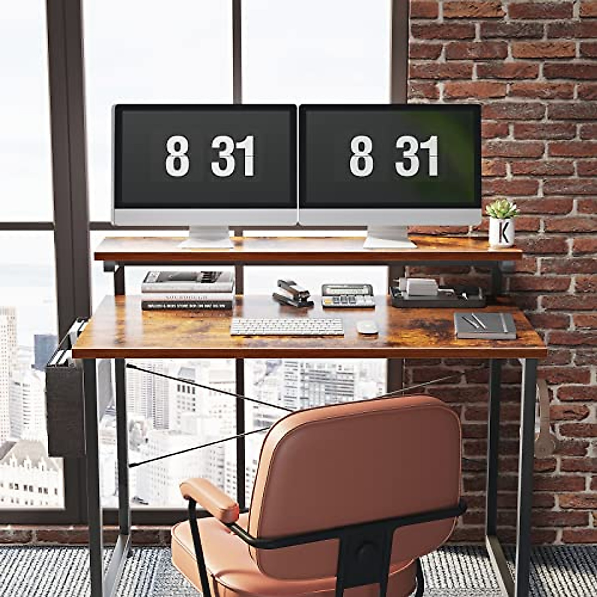 ODK Computer Desk with Adjustable Monitor Shelves, 40 inch Home Office Desk with Monitor Stand, Writing Desk, Study Workstation with 3 Heights (10cm, 13cm, 16cm), Rustic Brown