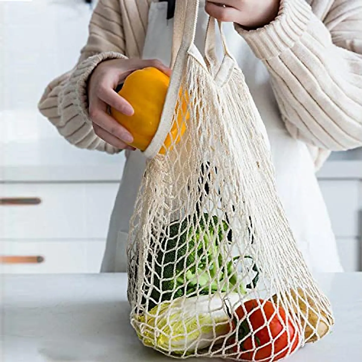 Wresty 3 Pcs Cotton Mesh Shopping Bag Reusable Net String Grocery Bags Shopping Tote Bags Fruit Storage Handbag (long handle)