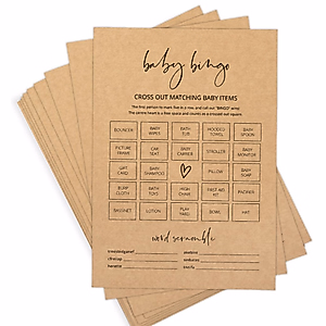 Baby Shower Bingo Game (50 Unique Cards), Pre-filled, Added Word Scramble, Fun Baby Shower Games for Boy or Girl (Kraft)