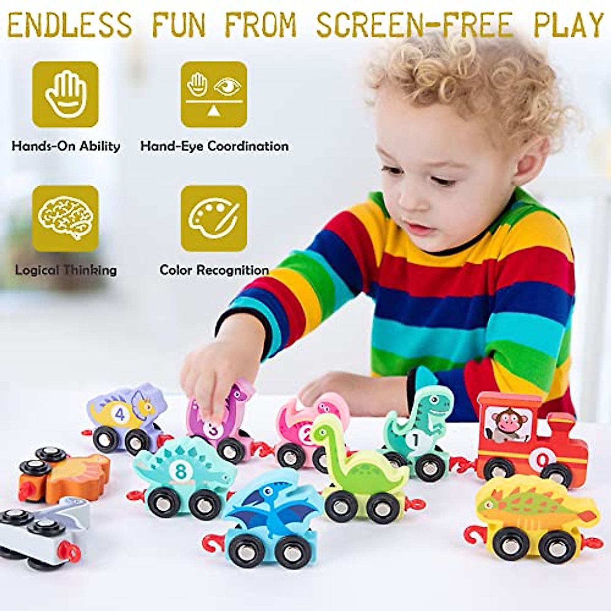 WOODMAM Wooden Dinosaur Number Train, Montessori Toy Train Set with Storage Bag, Educational Toy Gift for Baby Toddler Boys Girls Age 1 2 3 Years Old