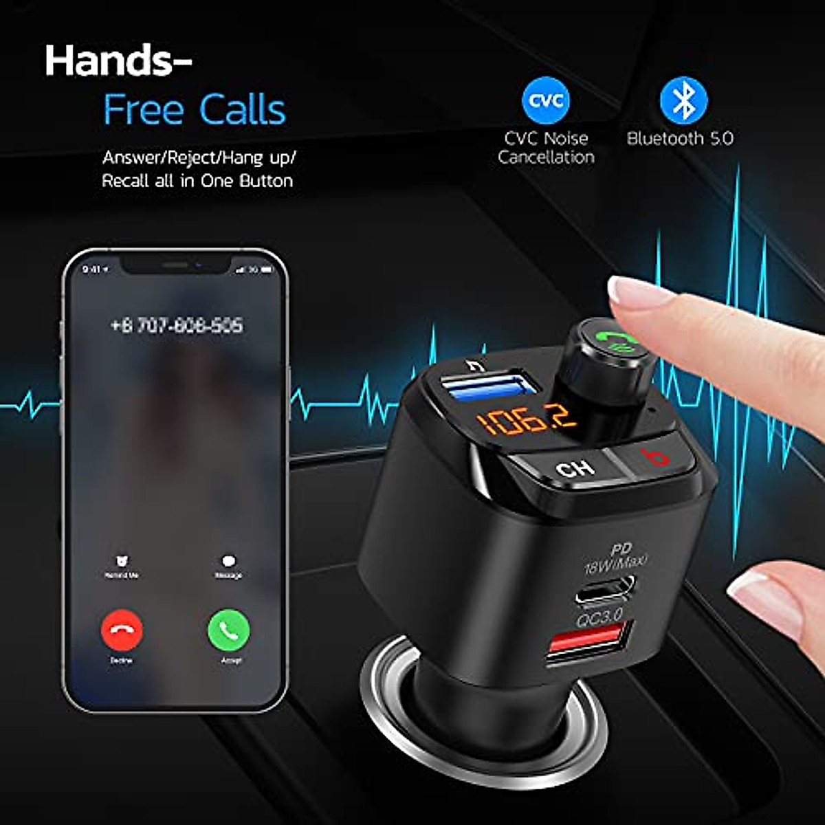 Nulaxy Bluetooth 5.0 FM Transmitter for Car, QC3.0 & USB-C PD 18W Wireless Bluetooth Radio Adapter Music Player/Car Kit with Bass Booster, Hands-Free Calls-NX12