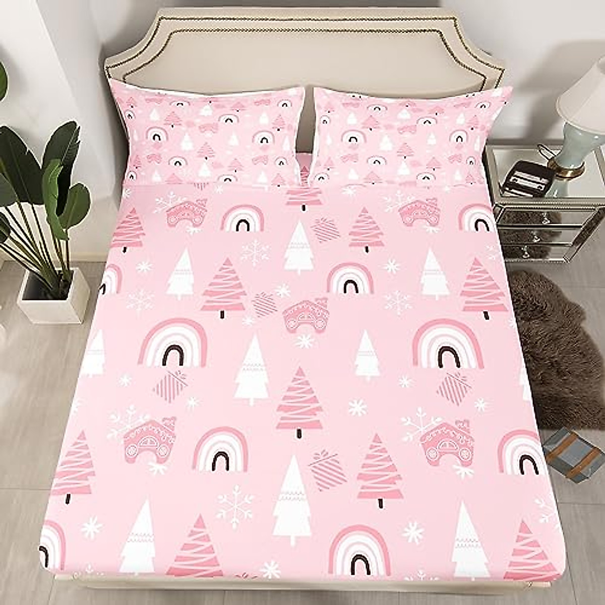 Christmas Tree Sheet Set Merry Christmas Bed Set for Kids Boys Girls Pink Decor Kawaii Rainbow Bed Sheets Cute Sweet Sheets Room 4Pcs Full Size
