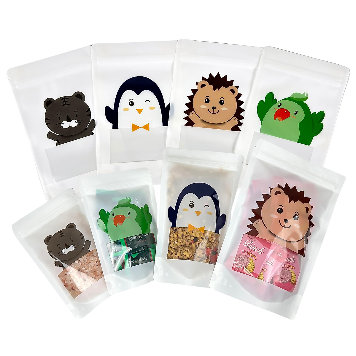 Cute Animal Goodies Bags | Reusable Stand Up Pouch with Clear Window | Zipper Closure | Resealable | Heat-Sealable | Great for Gift & Small Business (3 SIZE, 24, Count)