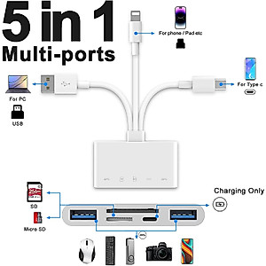 [Apple MFi Certified] 5-in-1 iPhone Memory Card Reader, USB OTG Adapter & SD/TF Card Camera Viewer for iPhone/iPad/PC/Android/Camera/USB C & A Devices, Supports SD/Micro SD/SDHC/SDXC/MMC Plug and Play