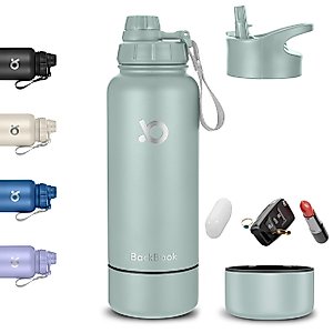 BackBook 32 oz Insulated Sports Water Bottle With 8 oz Storage Compartment, Double Wall Leak Proof Stainless Steel Bottle With 2 Lids for Sports and Travel, Cold and Hot Drinks, BPA-Free - Green