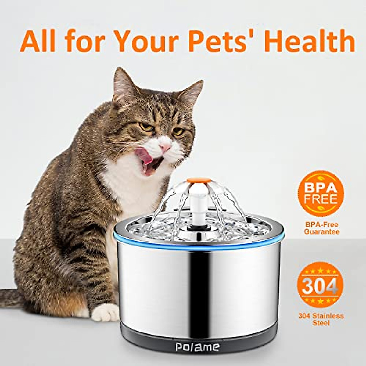 POLAME Cat Water Fountain Stainless Steel, Automatic Water Fountain for Cats Inside, Ultra-Quiet Pet Fountain Dog Water Dispenser with 1 Cat Waterer Filter for Cats, Small Dogs