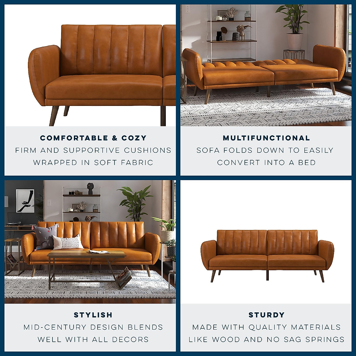 Novogratz Brittany Futon Sofa Bed and Couch Sleeper, Camel Faux Leather