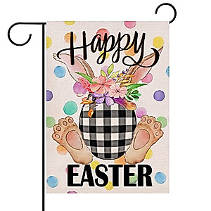 Hzppyz Happy Easter Garden Flag Double Sided, Easter Eggs Bunny Rabbit Decorative Yard Outdoor Home Small Decor, Buffalo Plaid Polka Dots Spring Farmhouse Burlap Outside House Decoration 12 x 18