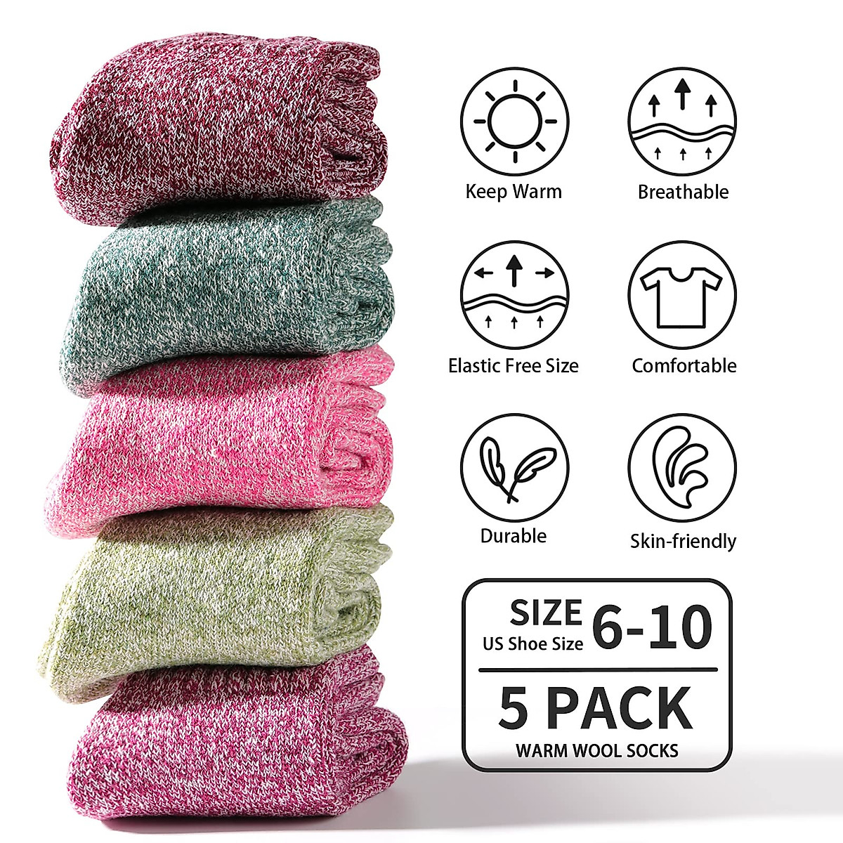 Nimalpal 5 Pairs Wool Socks - Wool Socks Wool for Women Super Soft Hiking Thick Knit Cabin Cozy Warm Long