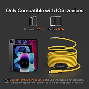 DEPSTECH Endoscope Camera with Lights, 7mm Slim Probe Borescope Inspection Camera with Bluart 3.0 Tech, 16.4ft Semi-Rigid Cable, IP67 Waterproof Snake Camera for IOS 12.0+ Device,Gadget for Men-Yellow