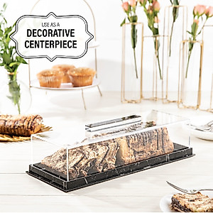 Gold Valley Rectangular Cake Tray, Cake Plate Dish with Lucite Display Cover Lid, Dessert Holder Tray, Cake Stand, Grey Marble Rectangle Cake Platter with Lucite Cover, Pastry Base (Black)