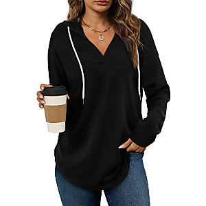 Hooded Sweatshirt Women Casual Oversized Long Sleeve Shirts V Neck Sweaters Loose Fit Lightweight Fall Outfits Black M