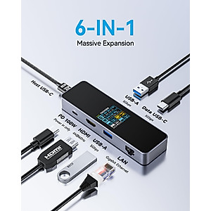 DOCKCASE Visual Smart USB C Hub (6-in-1) with HDMI Port 4K@60Hz, Gigabit Ethernet, USB-C and 2 USB-A 5Gbps Data Ports, 100w PD Power Delivery, for MacBook Air, MacBook Pro, XPS, and More