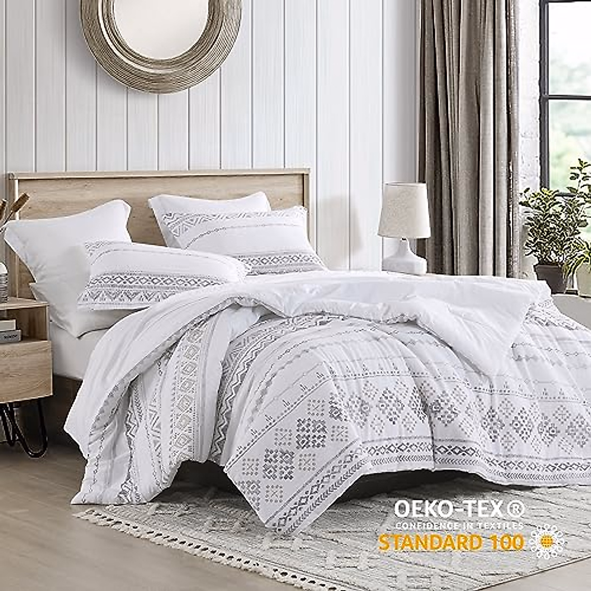 CozyDH Boho Comforter Set Queen Size - 100% Egyptian Long-Staple Cotton Modern Design with Geometric, Modern Breathable Lightweight All Season Bedding Set with Shams, 90"x90", Grey/White, 3 Piece