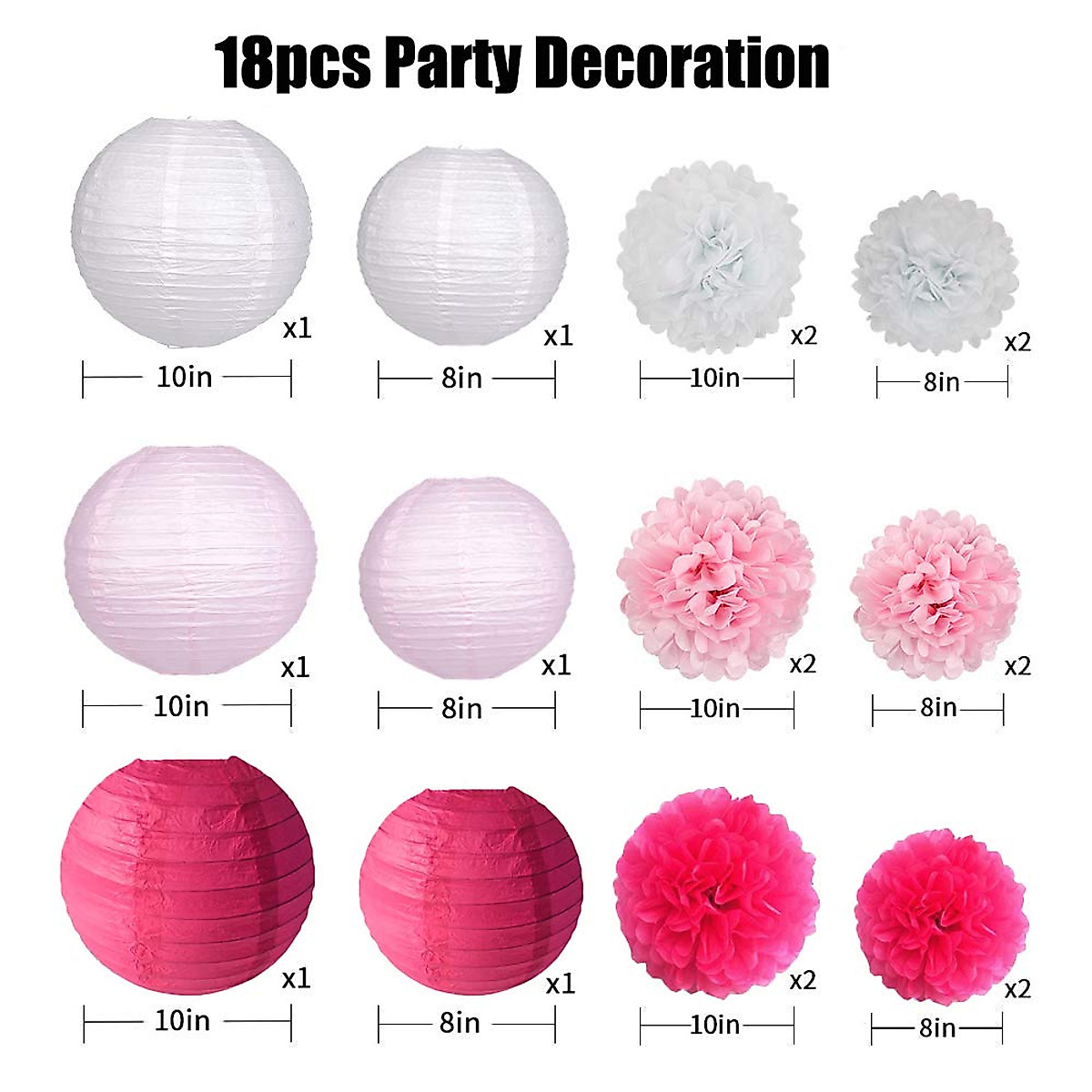 Celehappy Hanging Party Decorations Pom Tissue Paper Lantern for Weddings, Birthdays, Parties and Events Decorations, Hanging Paper Lantern Paper Tissue Flowers 10" 8" Set - Pink/White/Rose