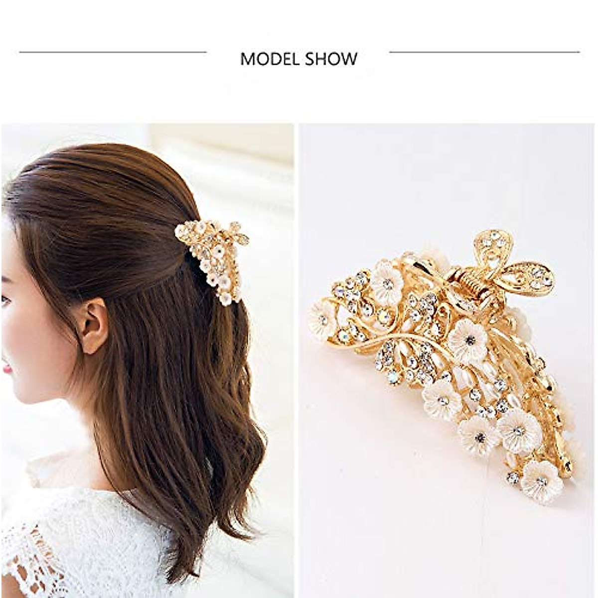 ShungFun Women Elegant Jaw Clips Fashion Hollow Carving Flower Pattern Hair Claw Clips w/ Rhinestones for Women Girls Hair Styling Accessories (Leaf-gold)