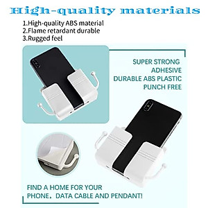 Grafken 4Pcs Wall Mount Phone Holder with Hooks,3M Adhesive Mobile Phone Charging Stand Holders, Remote Control Storage Box for Bedroom, Kitchen, Bathroom, Office and More (White)