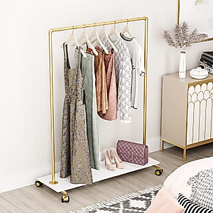 FONECHIN Gold Metal Clothing Rack with Wood Shelf, Heavy Duty Rolling Garment Rack with Wheels for Bedroom Retail Boutique Use (49.21L inches)