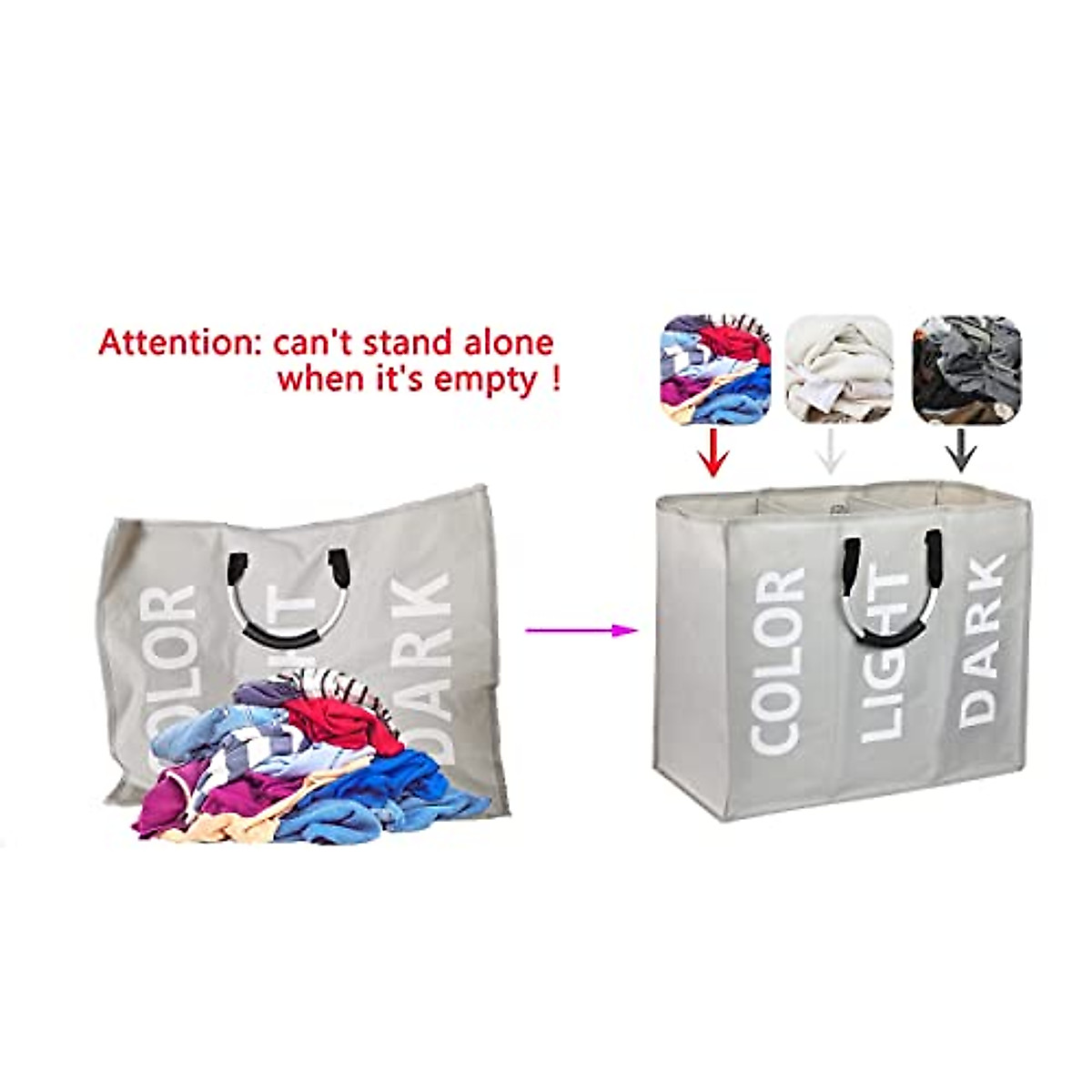 Slim Laundry Hamper 3 Section Sorter with Handles Large Capacity Foldable 19" Tall Waterproof Laundry Basket for Dirty Clothes Storage (light grey)