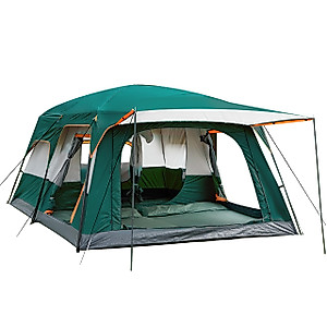 KTT Extra Large Tent 10-12 Person(B),Family Cabin Tents,2 Rooms,Straight Wall,3 Doors and 3 Windows with Mesh,Waterproof,Double Layer,Big Tent for Outdoor,Picnic,Camping,Family Gathering(Green)