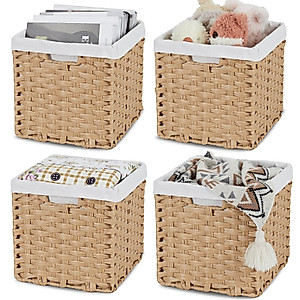 Bidtakay Wicker Storage Baskets with Liners 11x11 Storage Cube Bins with Handles Imitation Water Hyacinth 4-Pack Waterproof Woven Storage Baskets for Organizing Rattan Baskets Organizer-Natural