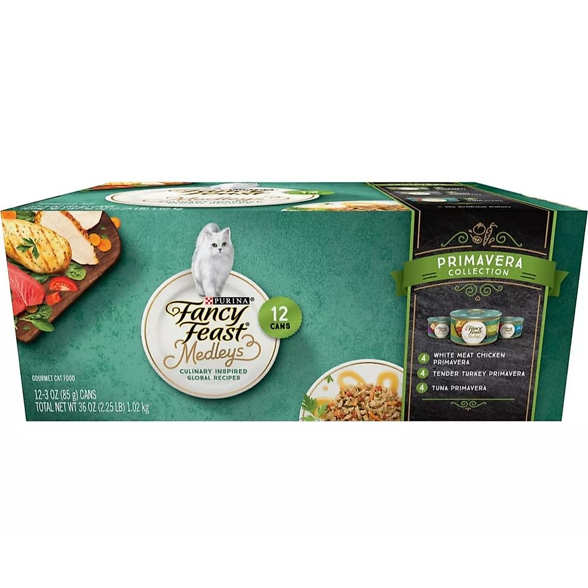 Fancy Feast Elegant Medleys Primavera Collection Cat Food Variety Pack 12-3 oz. Cans [Contains: 4 Each: Tender Turkey Primavera, Tuna Primavera, and White Meat Chicken Primavera]
