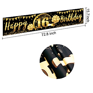 Happy 16th Birthday Banner Decorations for Boys Girls, 16th Birthday Party Supplies, Black Gold 16 Birthday Decor Sign for Outdoor Indoor