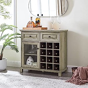 Home Source Small Bar Cabinet in Grey Wash with Glass Door