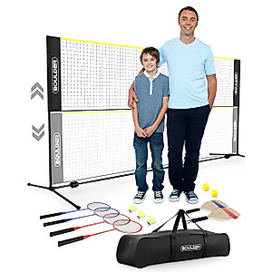 BOULDER Sports Pickleball Paddles & Badminton Set for Backyard - Includes 4 Rackets, 2 Pickleball Paddles, 3 Shuttlecocks, 2 Pickleballs & 2 Travel Bags - Easy Setup Volleyball & Racket Sports Net