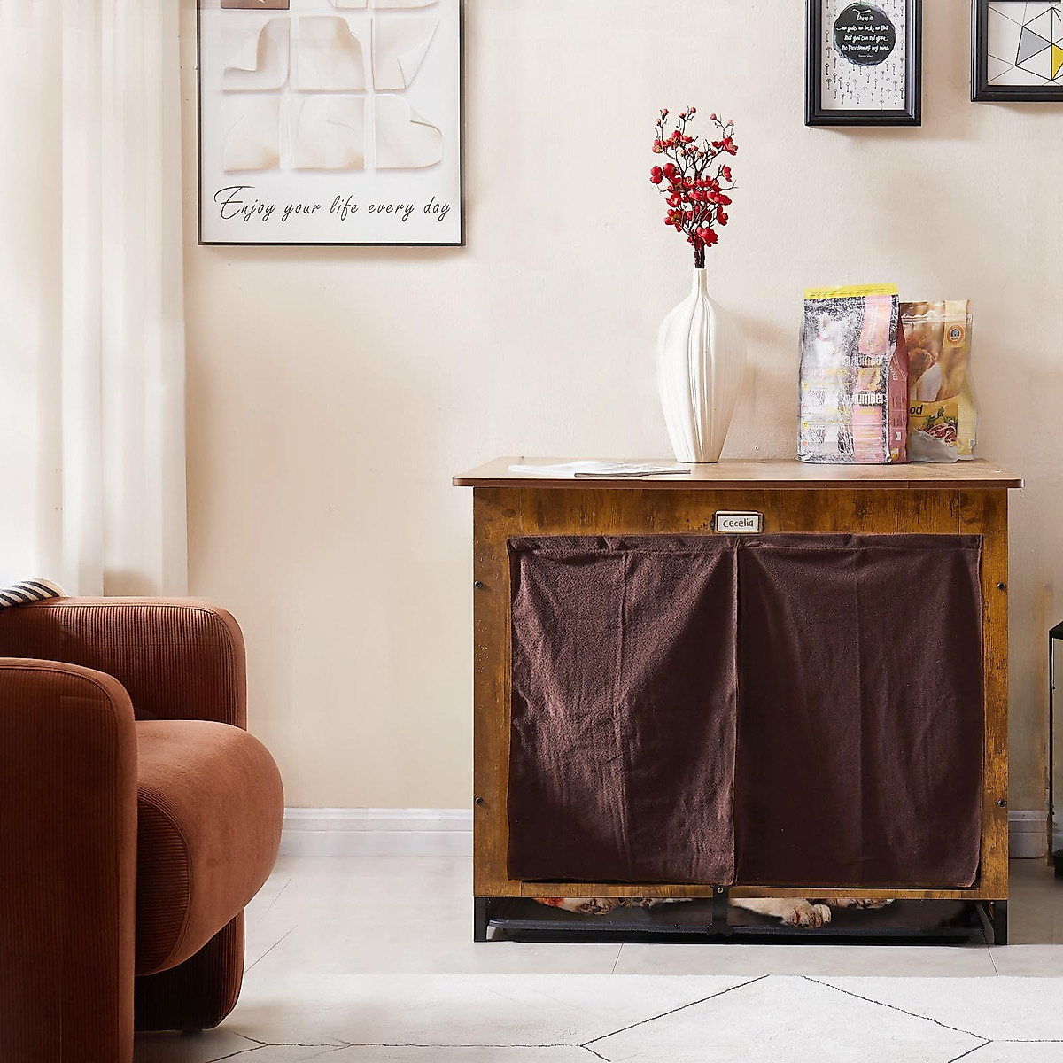 COPAW Dog Crate Furniture - 27 Inch Wooden Wire Pet Kennels with Double Doors Cushion and Removable Tray Wooden Indoor Decorative Pet House End Table Furniture Style Dog Crate for Small to Large Dog