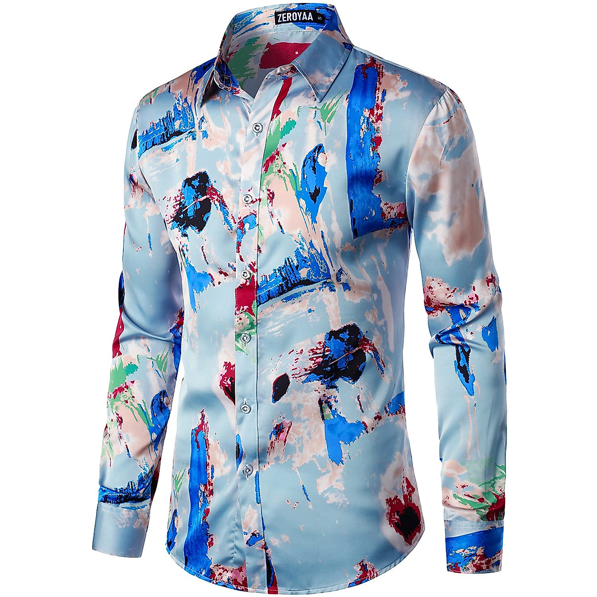 ZEROYAA Men's Hipster Splash Printed Slim Fit Long Sleeve Button Up Satin Dress Shirts for Party Prom ZLCL36-101-Blue Medium