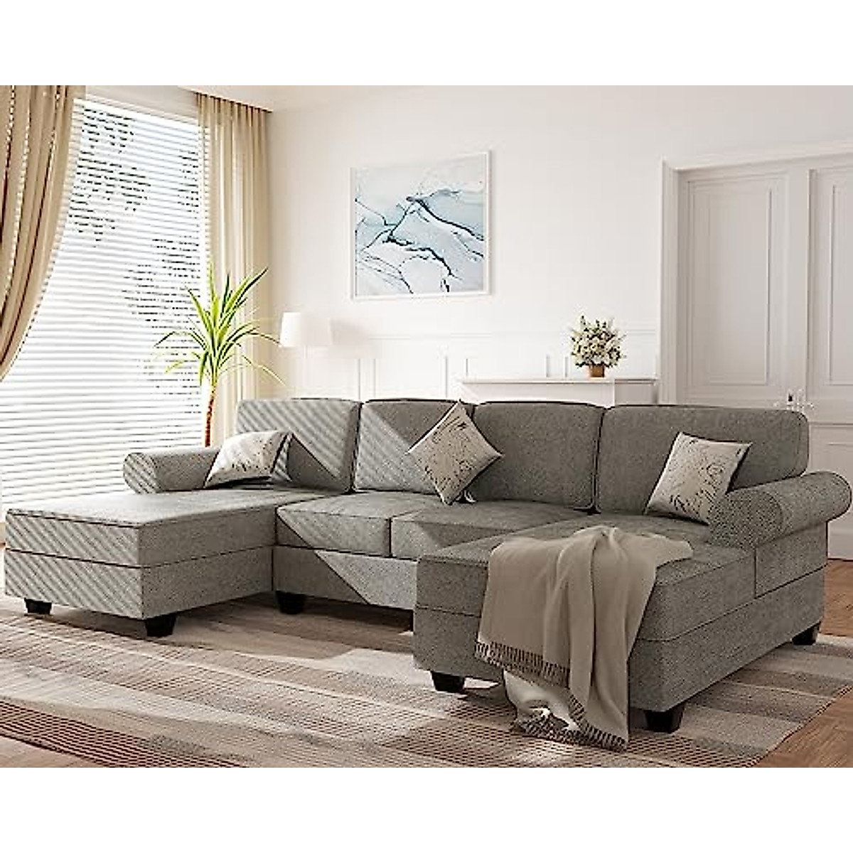 Ucloveria Sofas & Couches, Modern U-Shaped Sectional Sofa with Sleeper Sofa Bed and Double Storage Spaces, 3 Pillows Included, Reversible Chaise for Living Room Furniture Sets, Gray