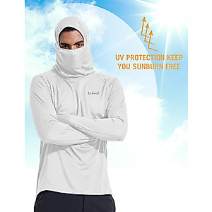 BALEAF Mens Shirt, Sun Protection Hoodie UPF 50+ UV SPF T-Shirts with Mask Rash Guard Fishing Lightweight, 03-White, Large, Long Sleeve