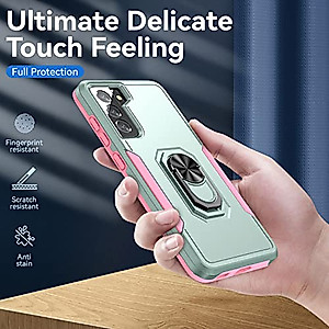 KSELF Galaxy S21 5G Case: Military-Grade Shockproof, Tempered Glass Protector, Ring Kickstand (Green & Pink)