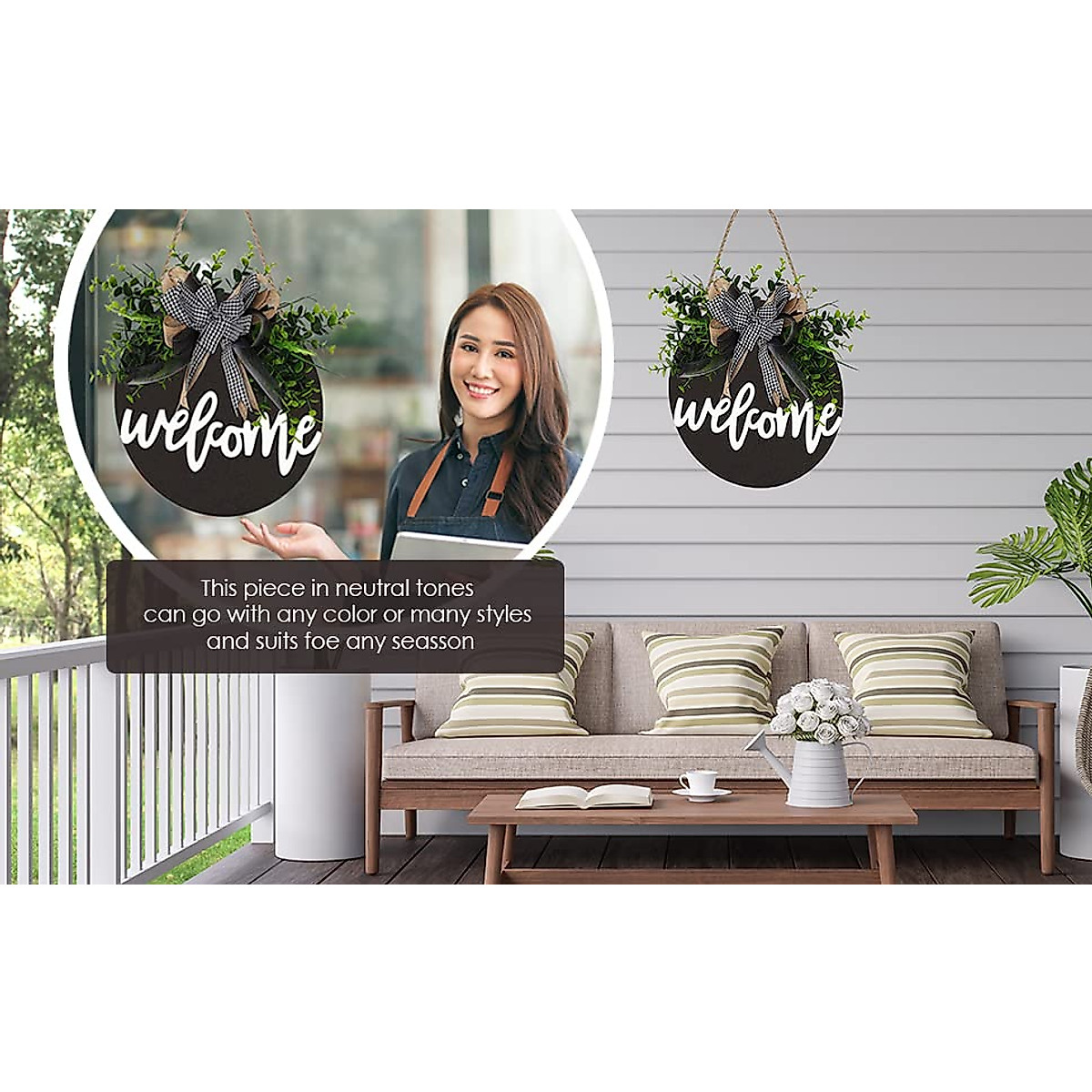 Welcome Sign Welcome Front Door Round Wood Sign Hanging Welcome Sign for Farmhouse porch Spring Welcome Sign Front Door Decoration （Blackboard welcome） (Black Hello, Black 12 inches)