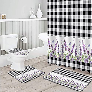 YESOF66 4PCS Bathroom Mat Sets,Purple Lavender with Black White Buffalo Plaid Bathroom Decor Shower Curtain Bath Mat Non-Slip Toilet Seat Cover Bathroom Mat 72x72in&Large Rugs