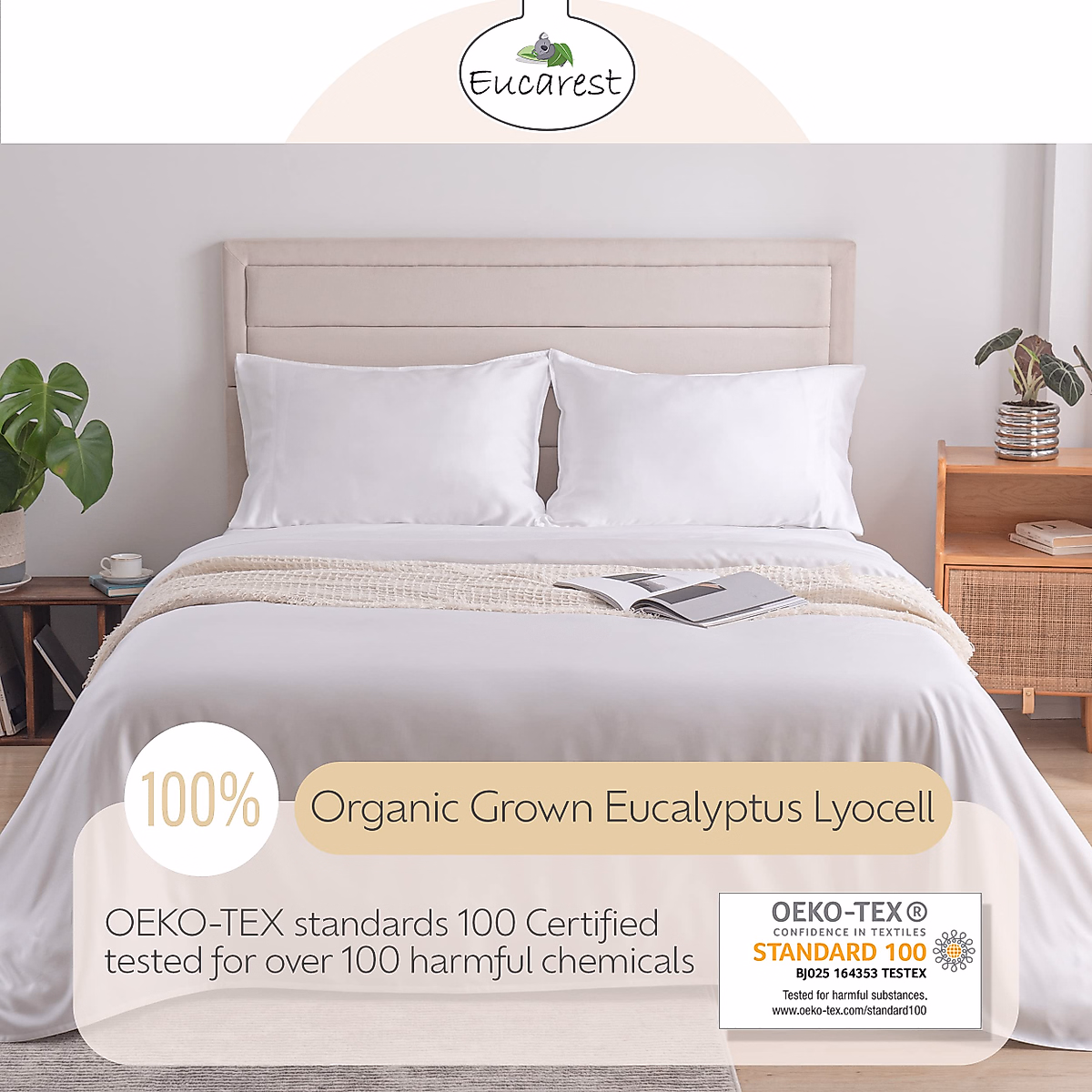 Eucalyptus Lyocell Bed Sheets, Hypoallergenic 100% Organic Tencel, Thermal Regulating and Moisture Wicking for Hot Sleepers, Superior Thread Quality, Extra Deep Pockets King Size – White
