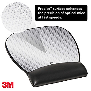 3M Precise Mouse Pad with Gel Wrist Rest, Soothing Gel Comfort with Durable, Easy to Clean Leatherette Cover, Optical Mouse Performance and Battery Saving Design, 9.2" x 8.7", Black (MW310LE)